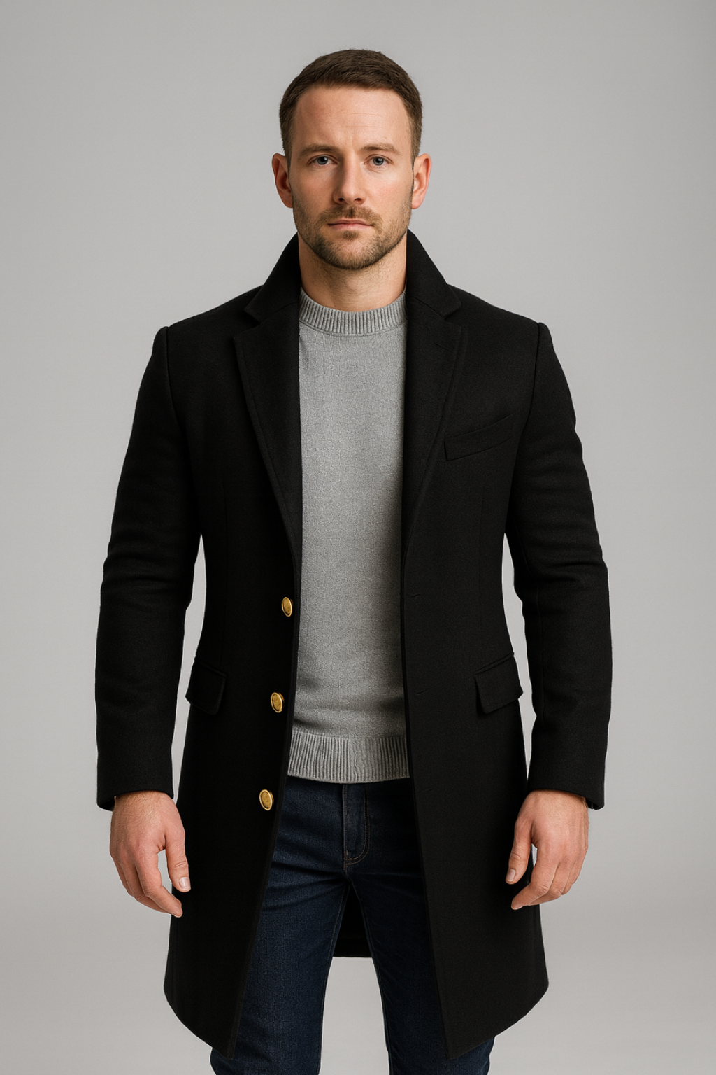 Men’s Long Coat – Black, Single-Breasted, Gold-Button Detail – Hudson Grace