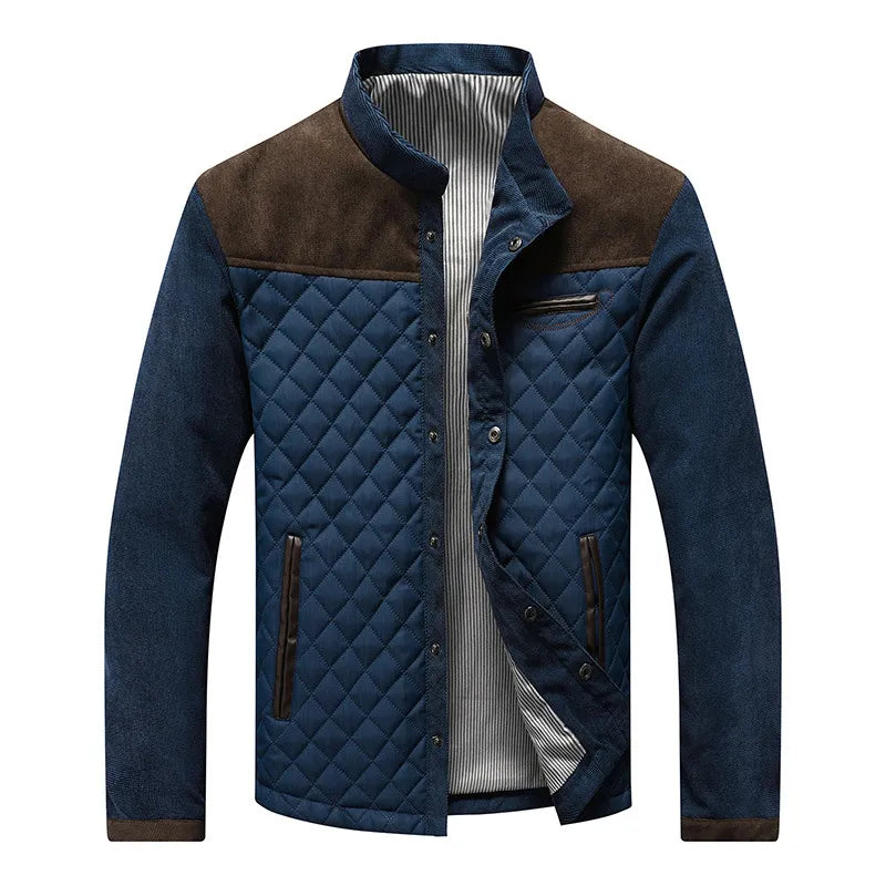 Men’s Quilted Stand Collar Jacket with Contrast Suede Shoulder Panels ...