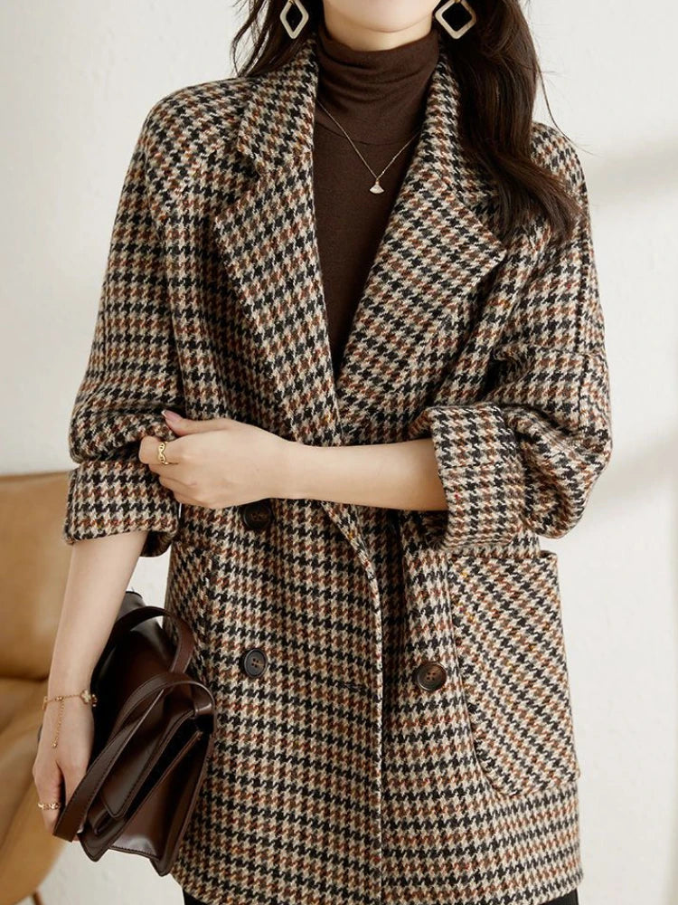 Women’s Long Checkered Blazer – Classic Autumn Winter Style – Hudson Grace